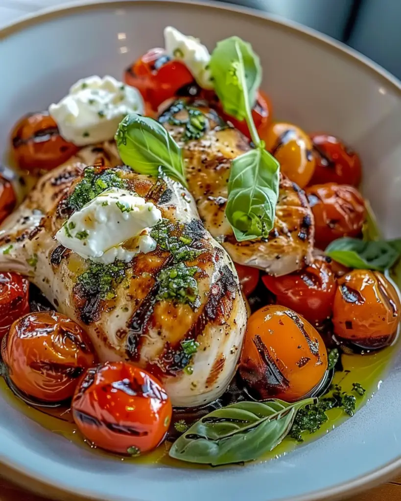 Grilled Chicken with Burst Cherry Tomatoes and Burrata