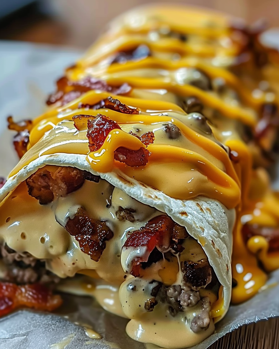 Bacon Cheeseburger Burrito with Bacon & Creamy Cheese Sauce