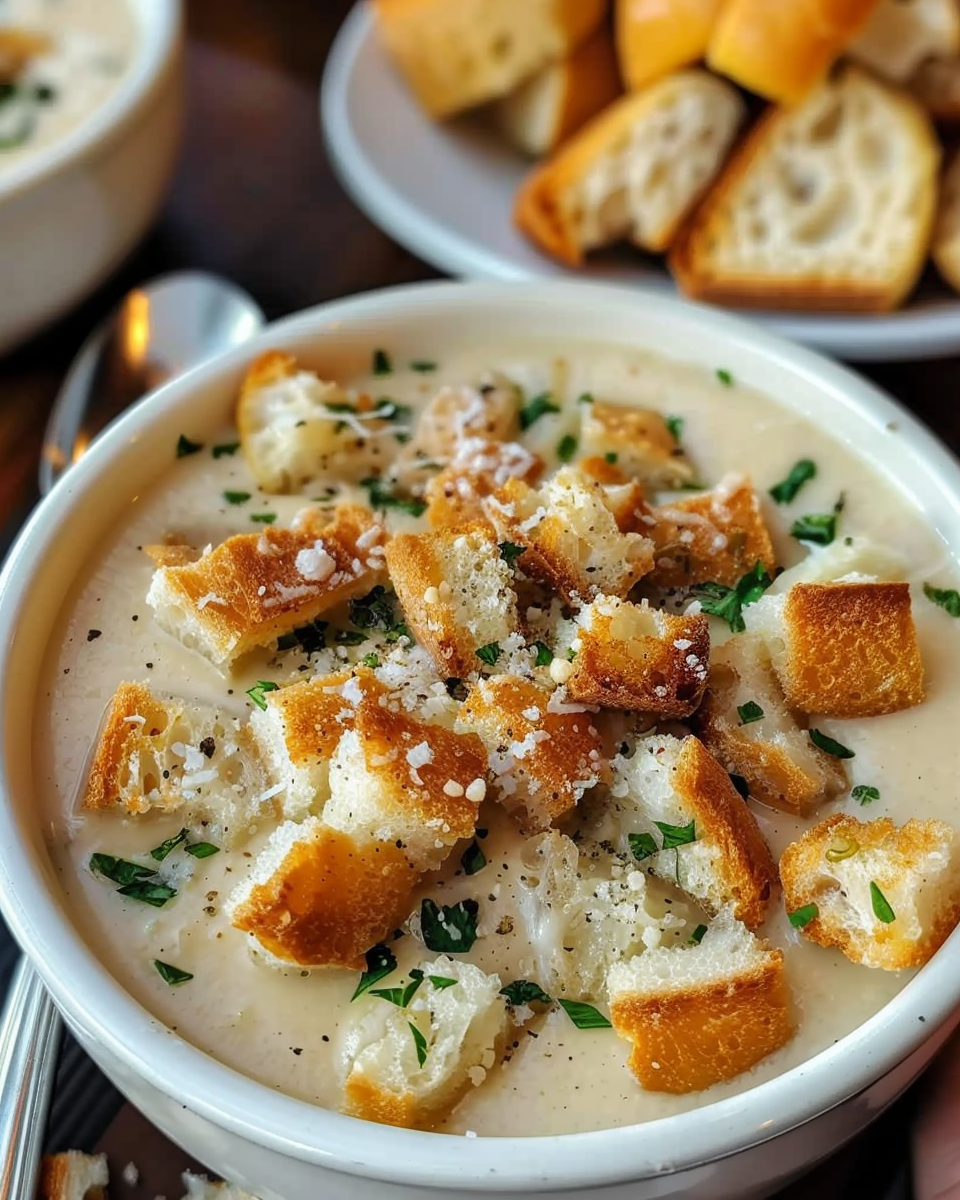 Creamy Garlic Bread Soup with Homemade Croutons | Comforting