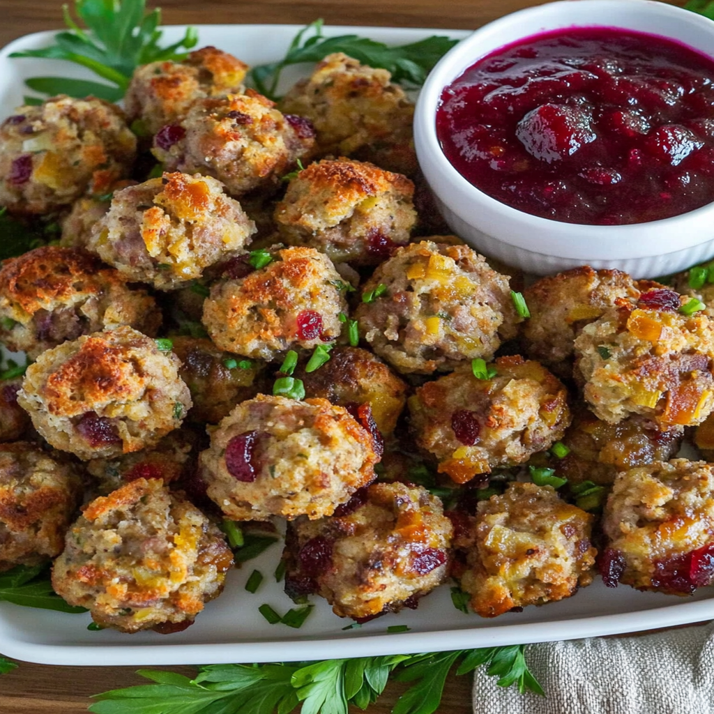 Sausage Stuffing Bites with Cranberry Sauce