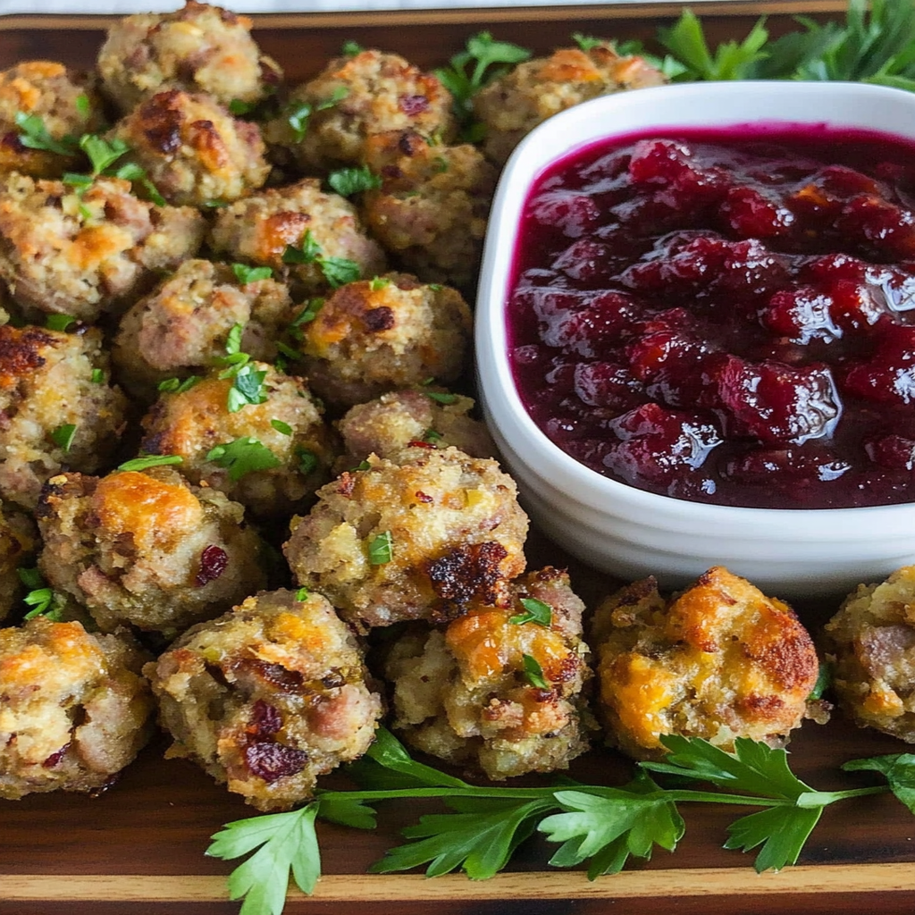 Sausage Stuffing Bites with Cranberry Sauce